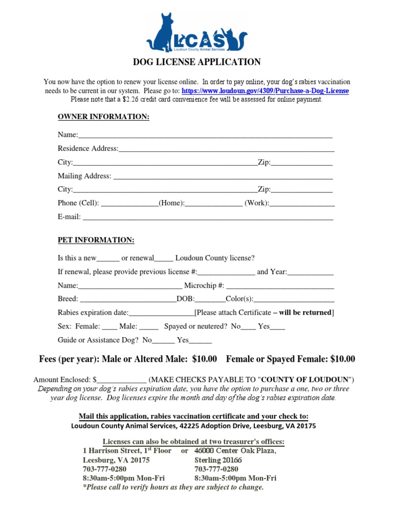 Loudoun County Dog License Renewal Form | PDF | Dogs | Domesticated Animals