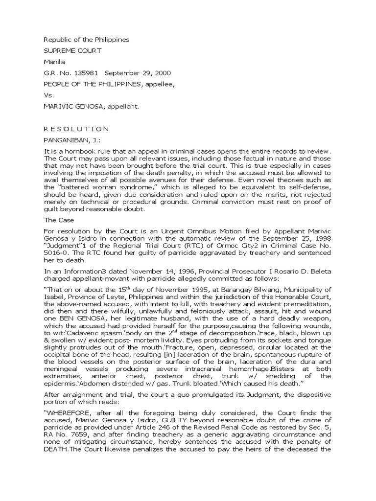 Supreme Court Ruling on Genosa Parricide Case | PDF | Domestic Violence ...