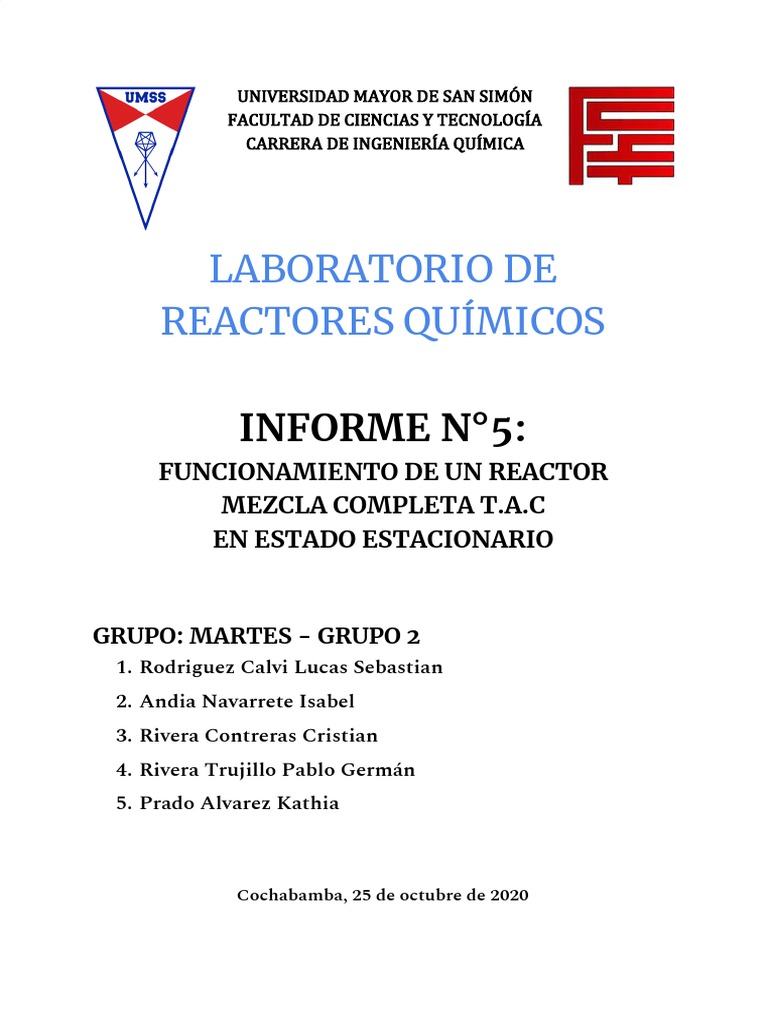 Informe #5 - Funcionamiento de Un Reactor Mezcla Completa TAC en Estado Estacionario PDF | PDF ...