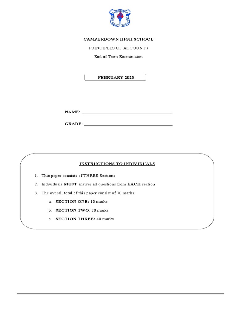 CAMPERDOWN HIGH SCHOOL - Accounting Grade 9 Test | PDF | Debits And ...
