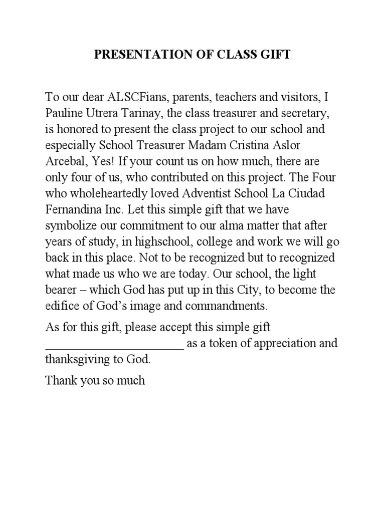 Presentation of Class Gift | PDF