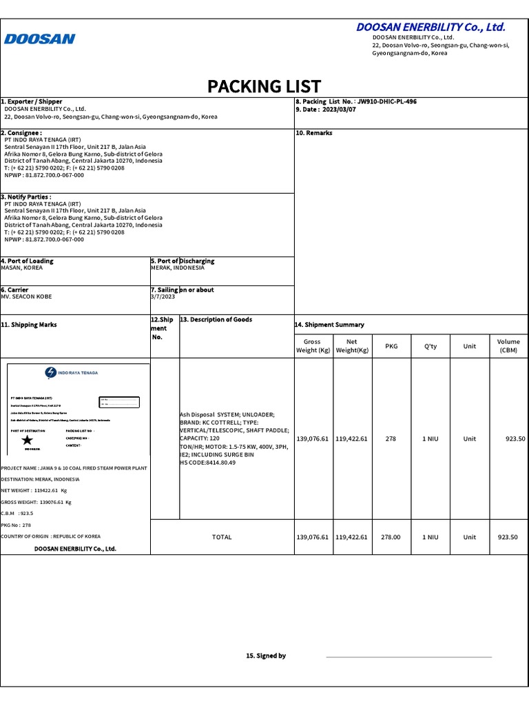 Pipe Rack & Misc Packing List (Shipment JW910-DHIC-PL-496 Rev01) | PDF