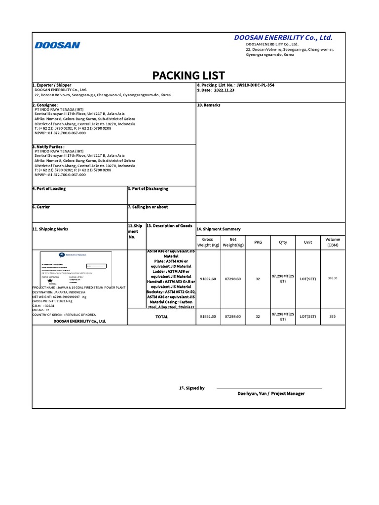 Packing List JW910-DHIC-PL-354 REV02 | PDF | Jakarta | Building Materials