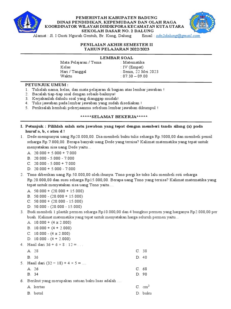 PTS Matematika Kelas Iv SMT 2 | PDF | Metode & Bahan Ajar | Griya & Taman