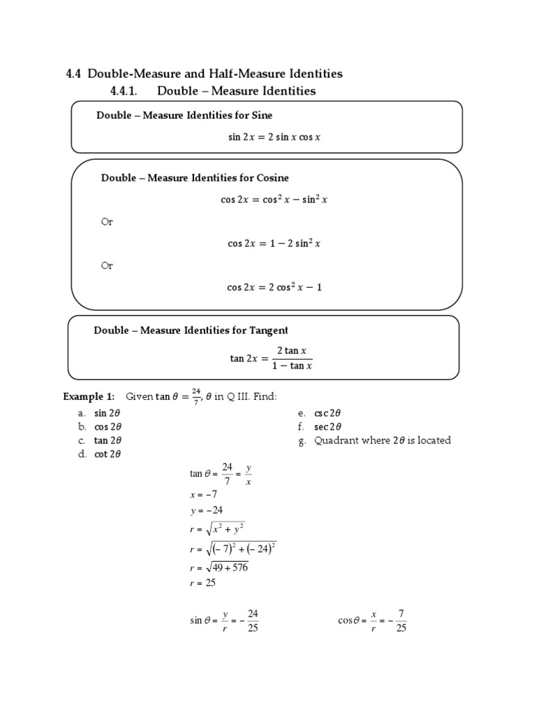 Double and Half Angle Identities | PDF | Trigonometric Functions | Lie ...