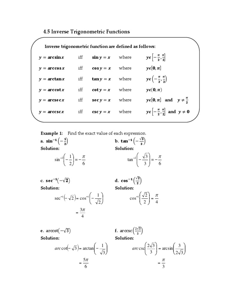 Inverse Trigonometric Functions Pdf Functions And Mappings Algebra