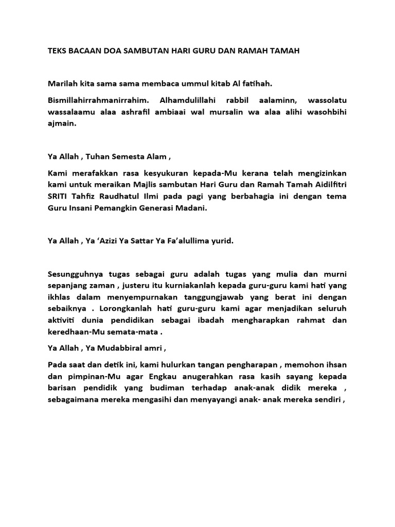 Teks Bacaan Doa Sambutan Hari Guru Dan Ramah Tamah | PDF