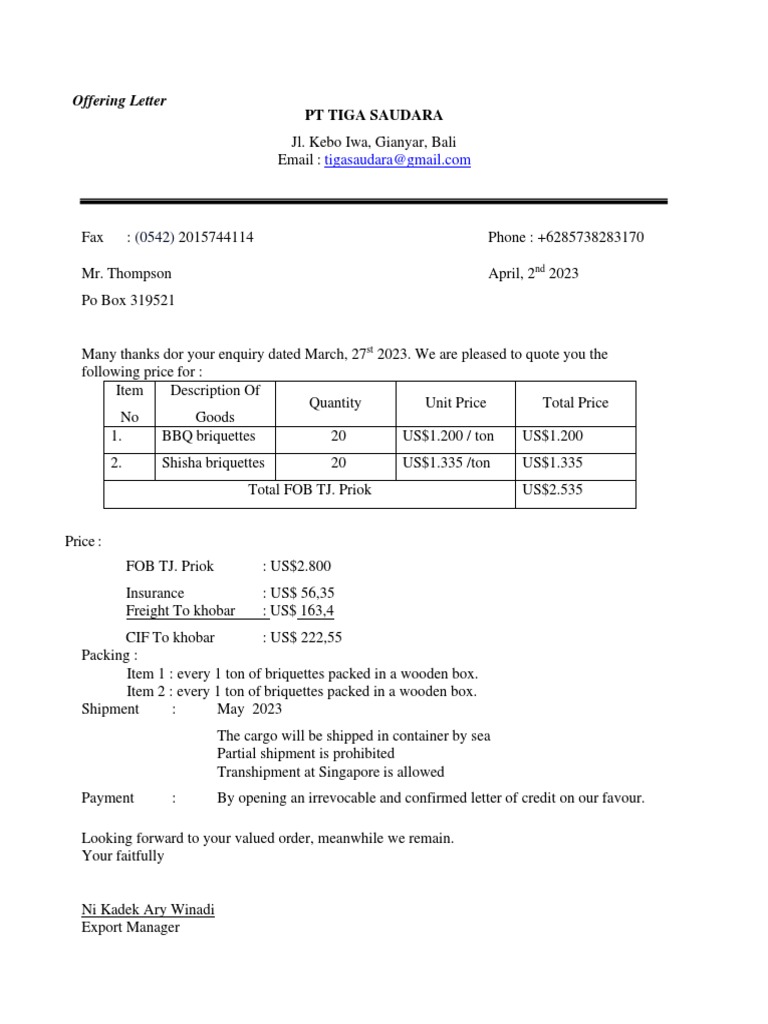 Offering letter - Negotiation letter - Reply from exporters - Purchases ...