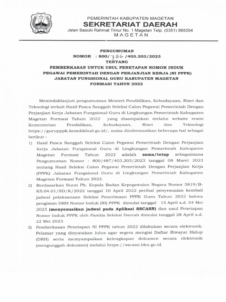 Pengumuman Pemberkasan Usul Penetapan NI PPPK Jabatan Fungsional Guru Kabupaten Magetan Formasi ...