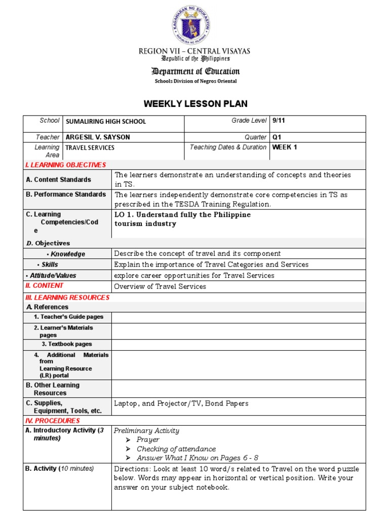 Travel Services Lesson Plan Q1 Week 1 | PDF | Tourism | Travel Agency