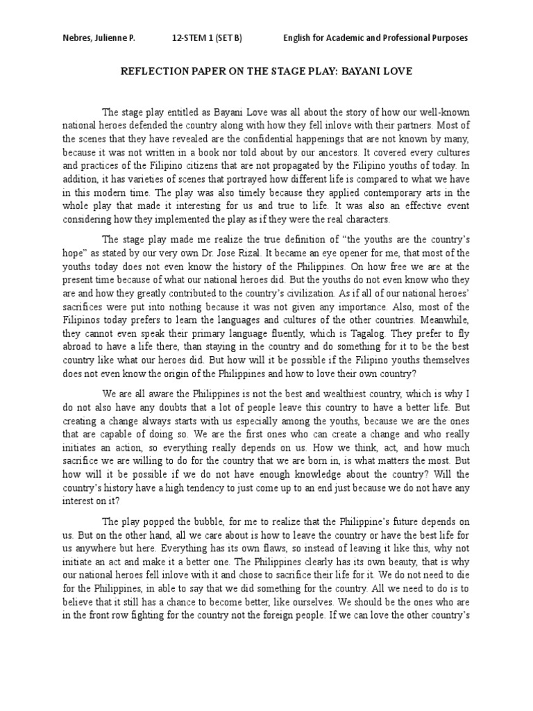 Reflection Paper On Bayani Love | PDF