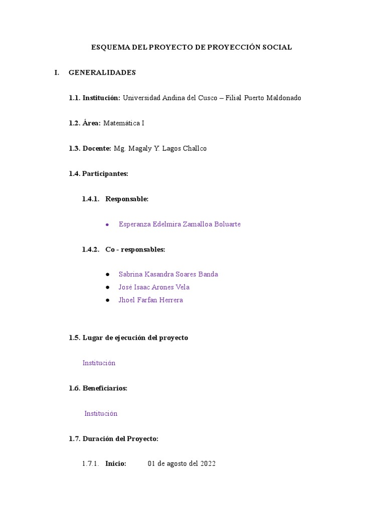 Esquema Del Proyecto de Proyección Social | PDF