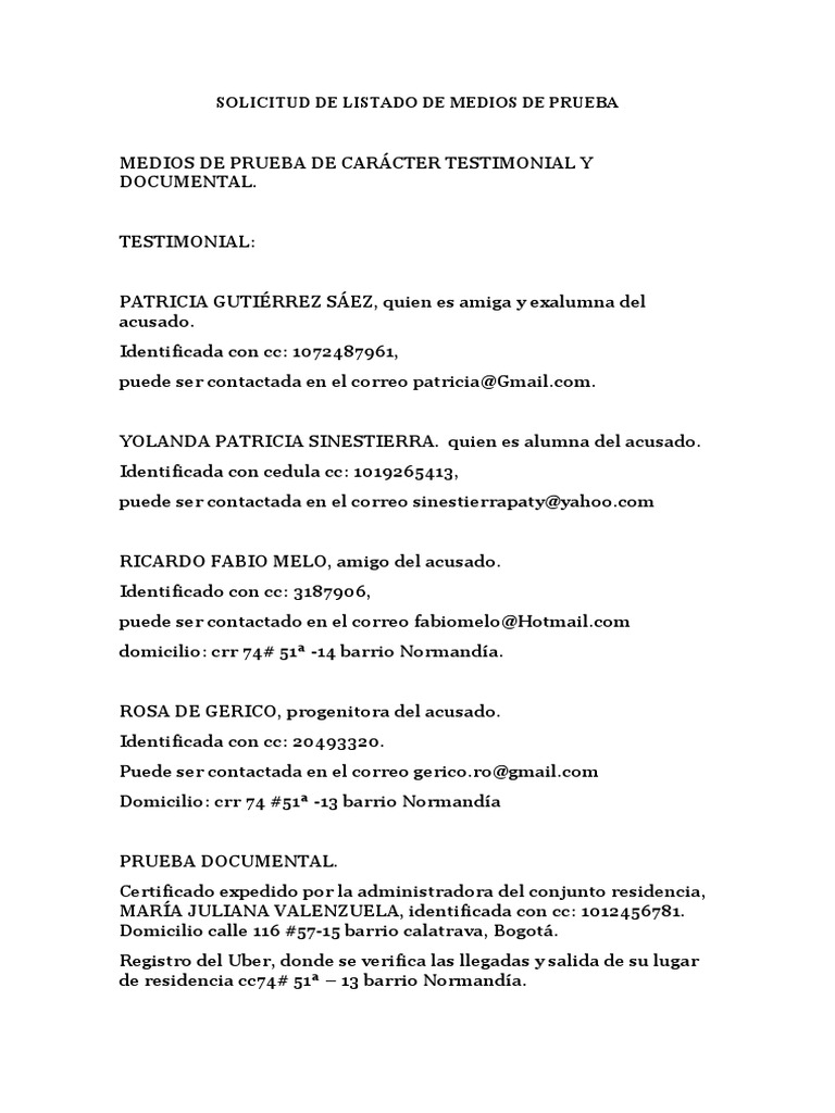 Solicitud de Listado de Medios de Prueba | PDF