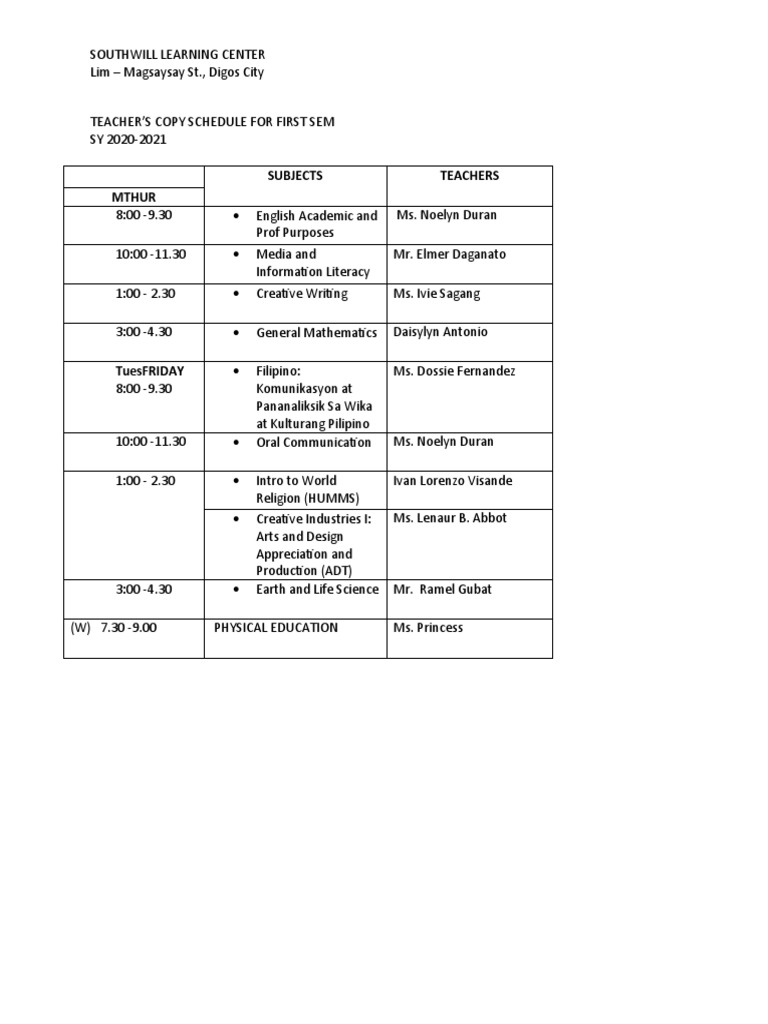 Class Schedule Senior High | PDF | Learning | Project Based Learning