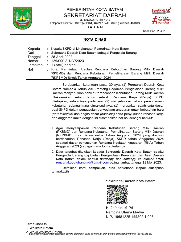 ND NO 129 BPKAD (RKBMD Untuk Tahun Anggaran 2024) | PDF