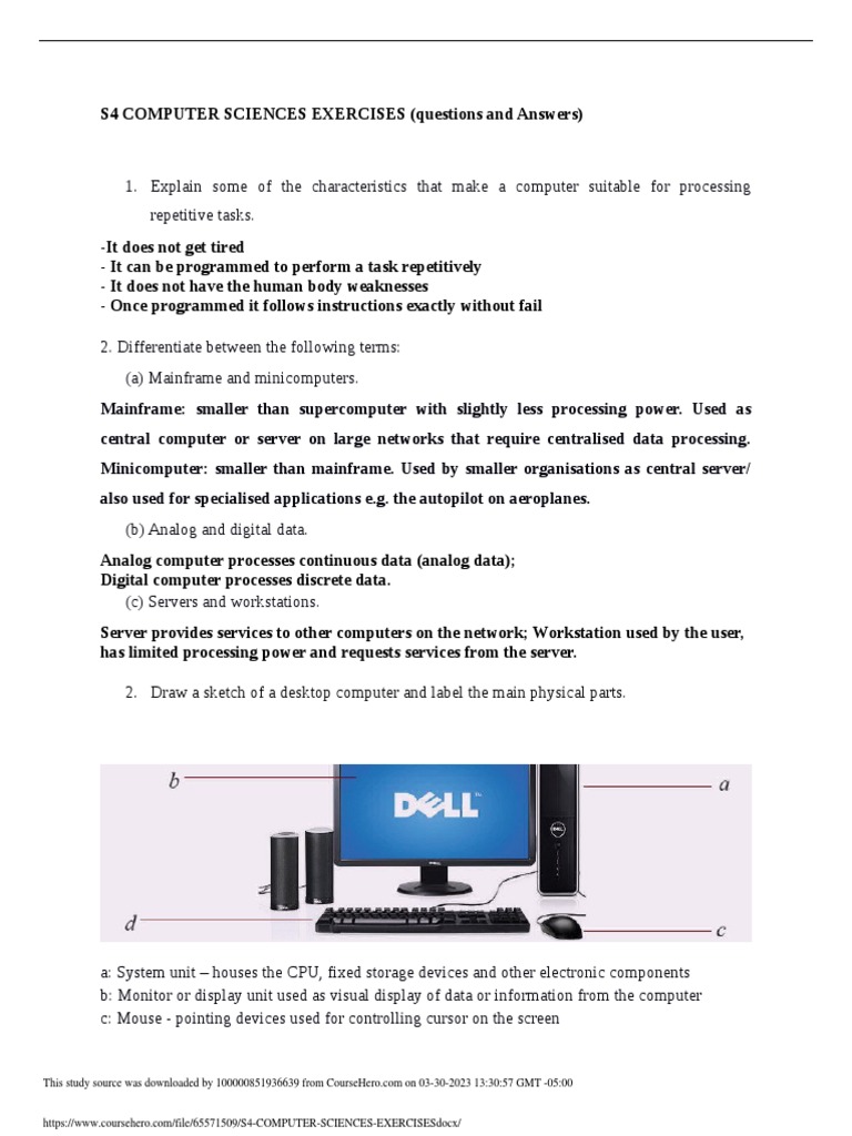 S4 Computer Sciences Exercises PDF | PDF | Mainframe Computer | Central Processing Unit
