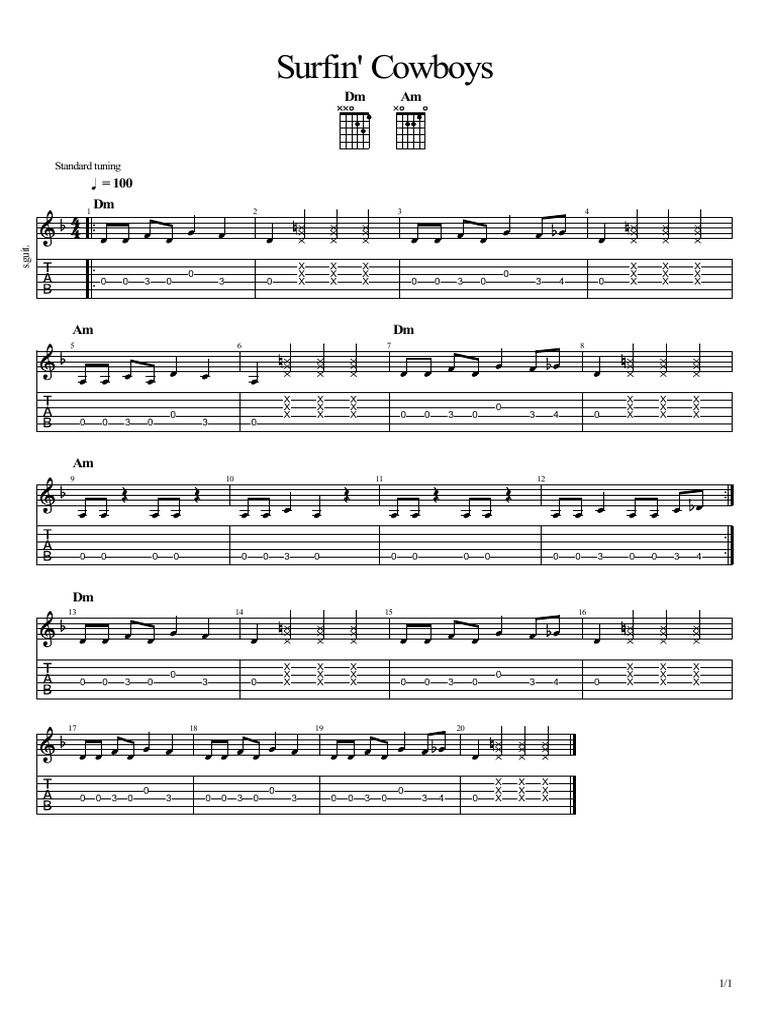 Surf Rock Guitar Tabs for "Surfin' Cowboys" | PDF