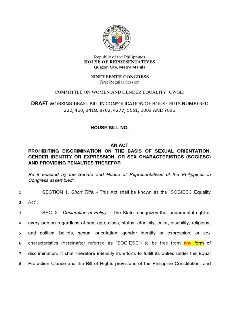 Draft: Working Draft Bill in Consolidation of House Bills Numbered 222, 460, 3418, 3702, 4277 ...