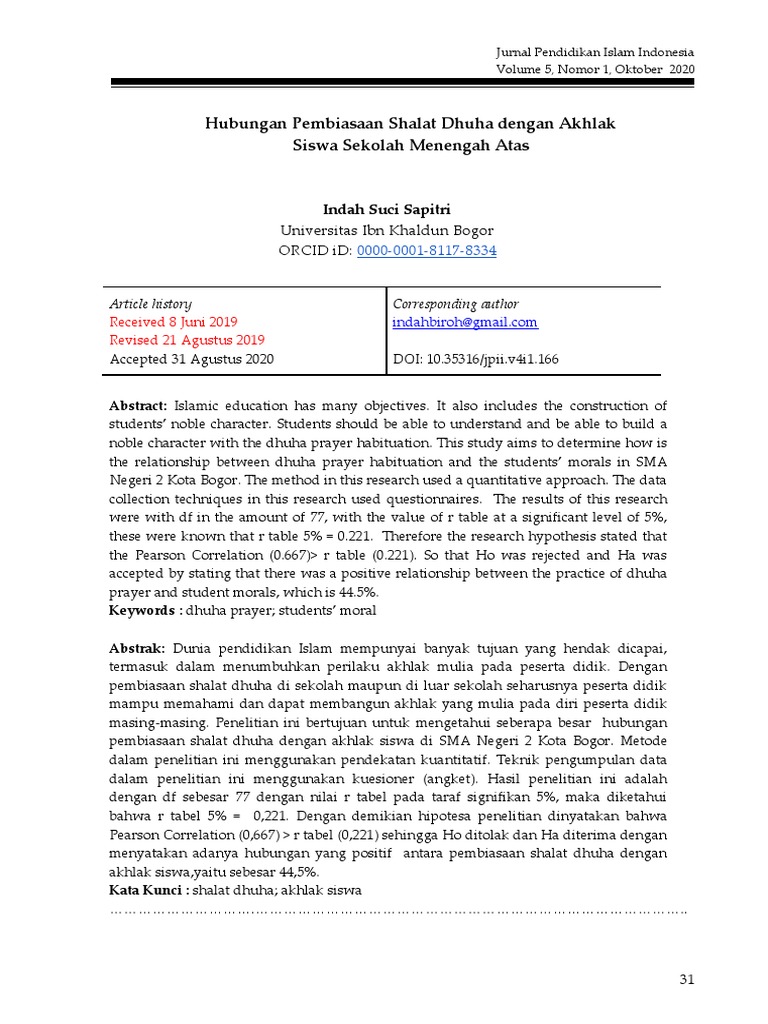 Hubungan Shalat Dhuha dan Akhlak Siswa | PDF