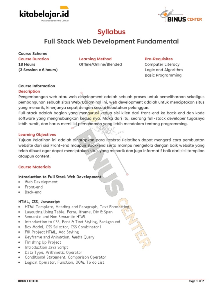Syllabus - Full Stack Web Development Fundamental | PDF | Komputer