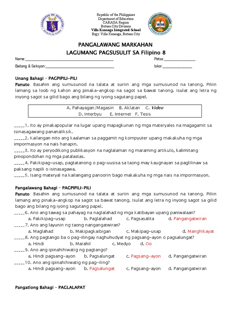 FILIPINO-8-exam-2nd | PDF