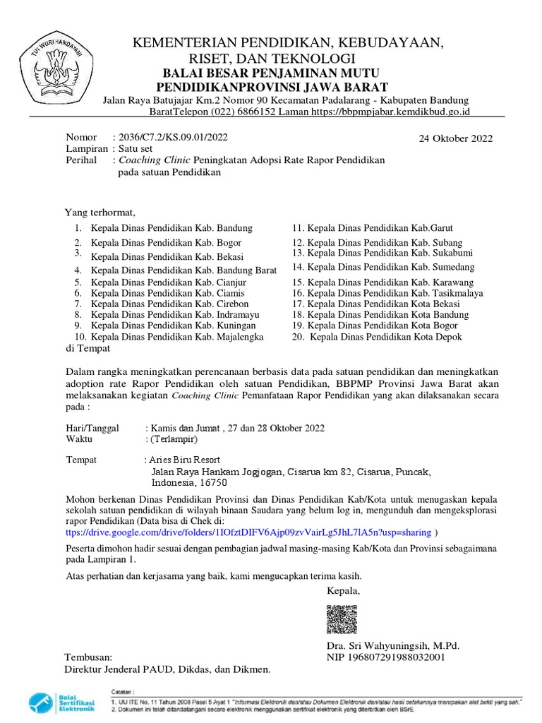 Surat Coaching Clinic Rapor Pendidikan ( 25 dan 27 Okt 2022) | PDF