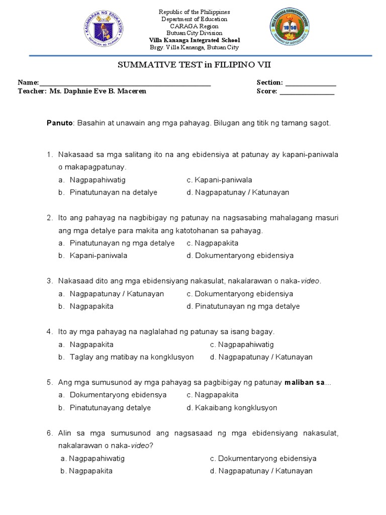 1st Quarter Summative Test Filipino7 | PDF