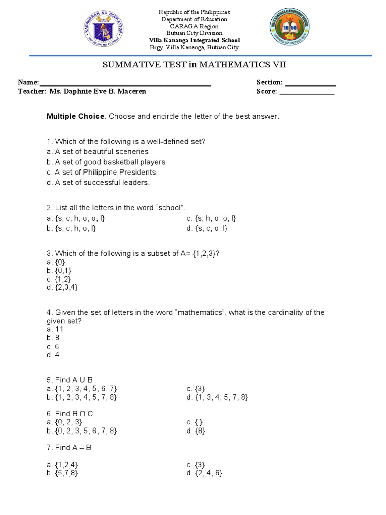 1st Quarter Summative Test Math7 | PDF | Multiplication | Mathematical ...
