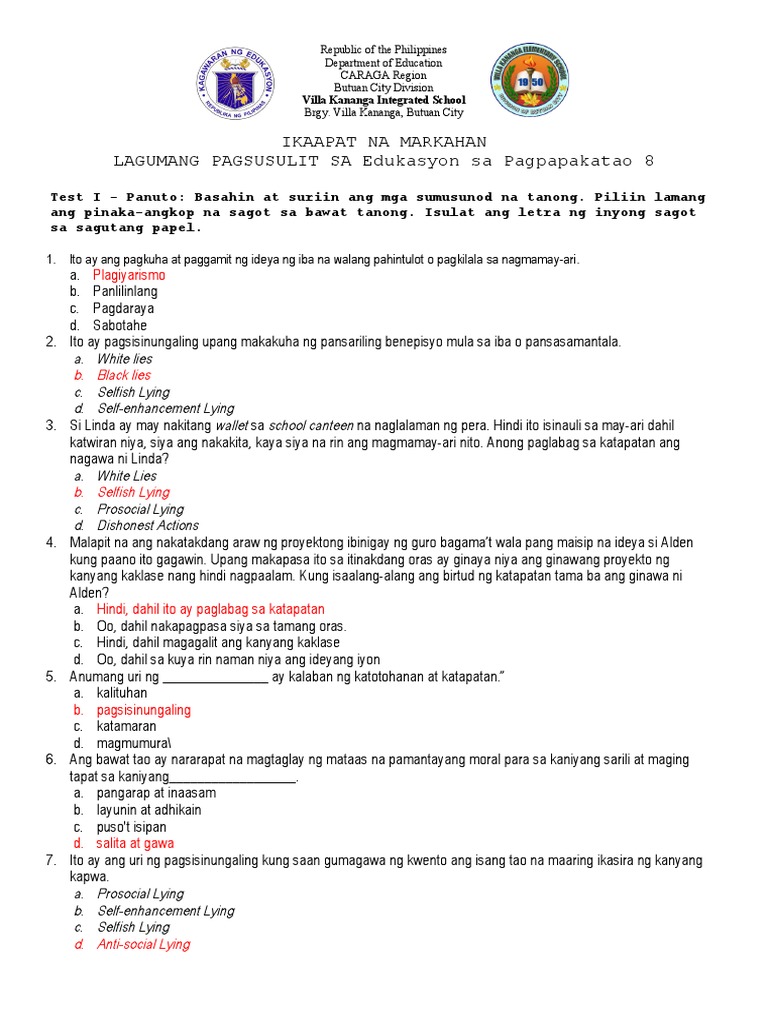 4th Quarter Summative Test ESP8 | PDF