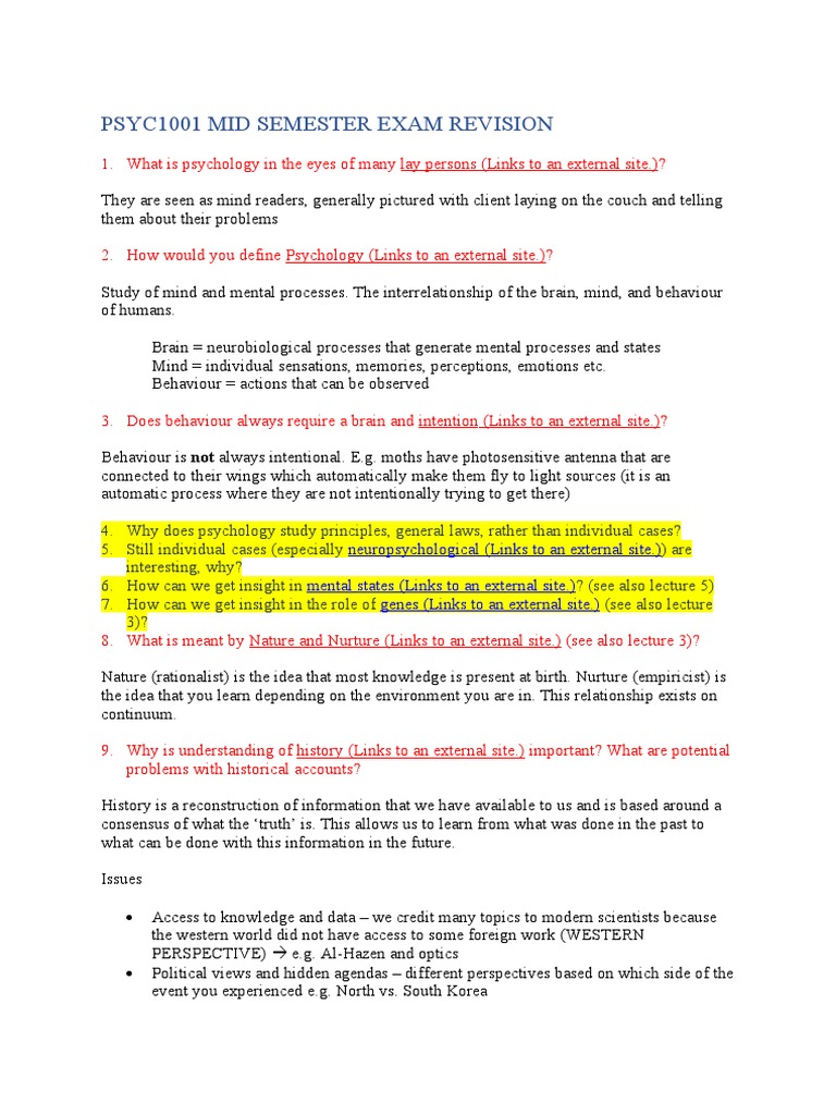 Psyc1001 Mid Sem Revision | PDF | Neuroscience | Metaphysics