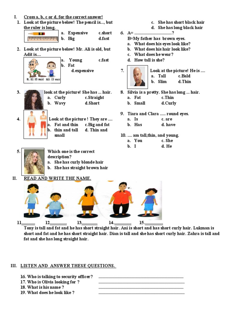 ENGLISH TEST Describing People | PDF | Hair | Human Appearance