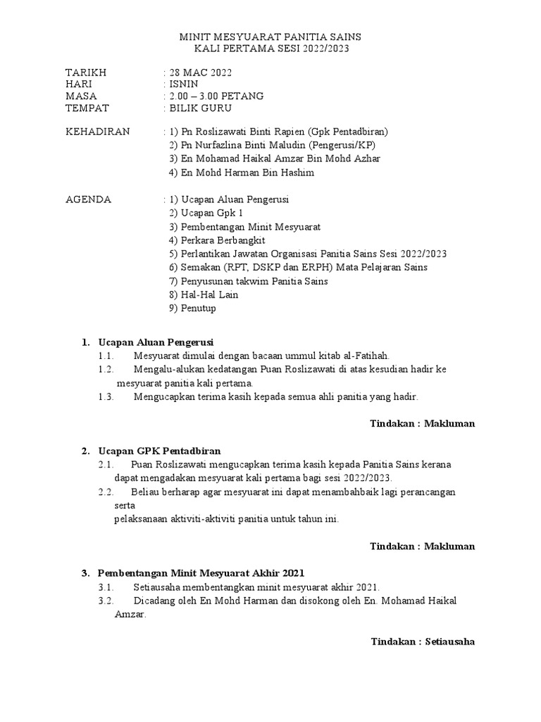 Minit Mesyuarat Panitia Sains Kali Pertama | PDF