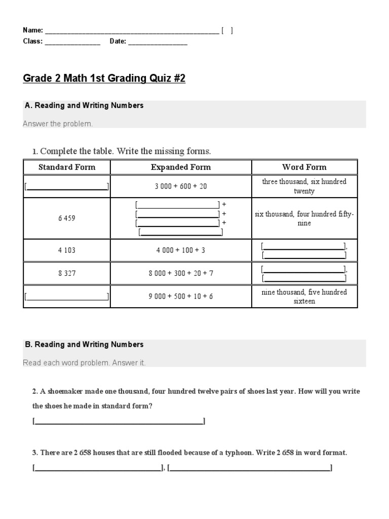 Grade 2 Quiz #2 | PDF