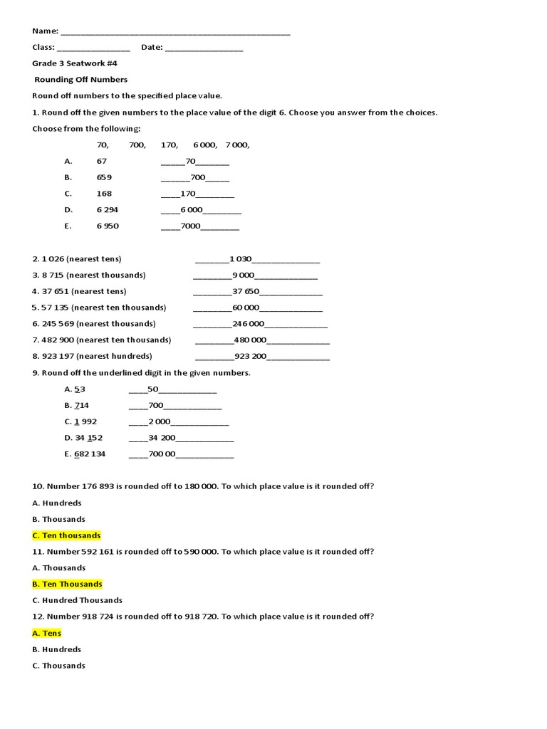 Grade 3 Seatwork #4 | PDF