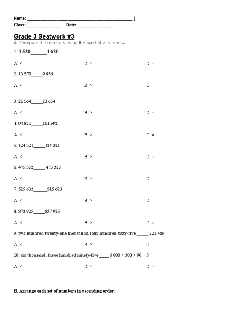 Grade 3 Number Comparison Worksheet | PDF