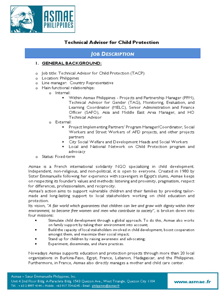 Asmae - Job Description TA For Child Protection PDF | PDF | Capacity ...