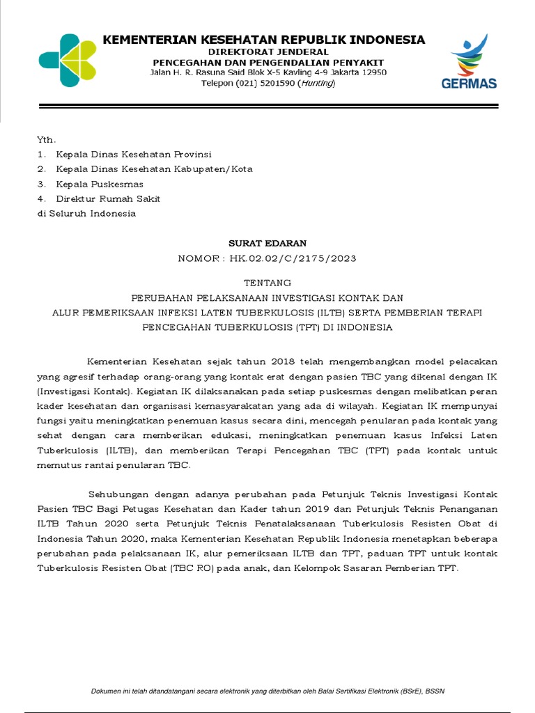 Surat Edaran 2175 Perubahan Pelaksanaan Kegiatan Investigasi Kontak Dan Terapi Pencegahan TBC | PDF