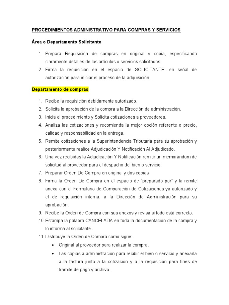 Procedimientos Administrativo para Compras y Servicios | PDF
