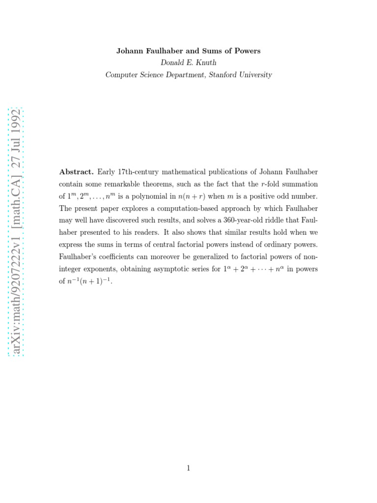 Johann Faulhaber and Sums of Powers | PDF | Summation | Polynomial
