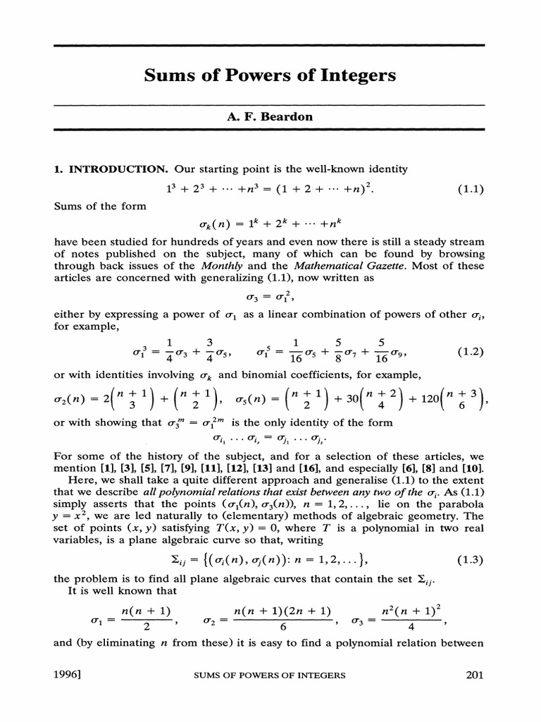A. F. Beardon On Sums of Powers of Integers | PDF