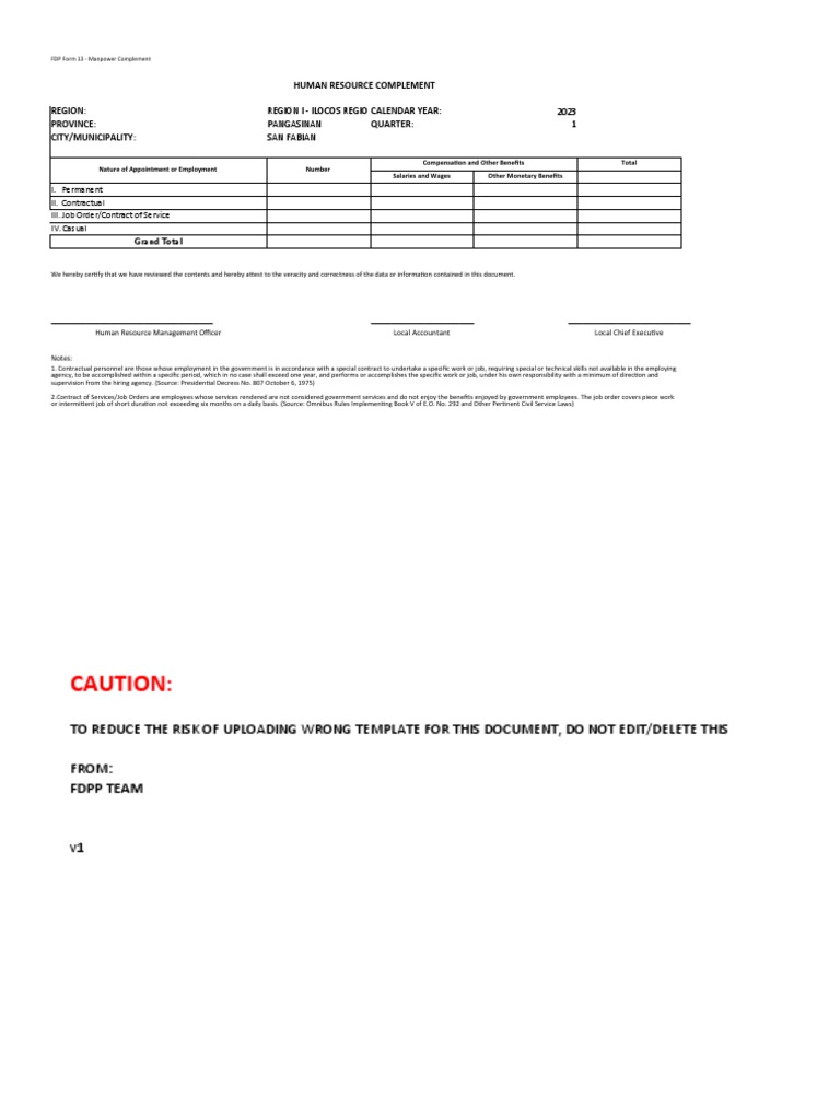 FDP Form 13 Manpower Complement Region 1 | PDF | Employment | Human ...