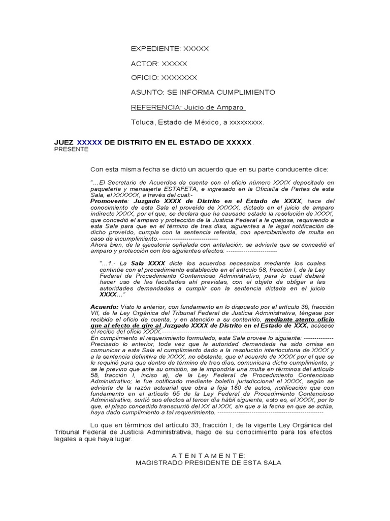 Oficio de Cumplimiento de Ejecutoria de Amparo Indirecto | PDF | Sentencia (ley) | Justicia