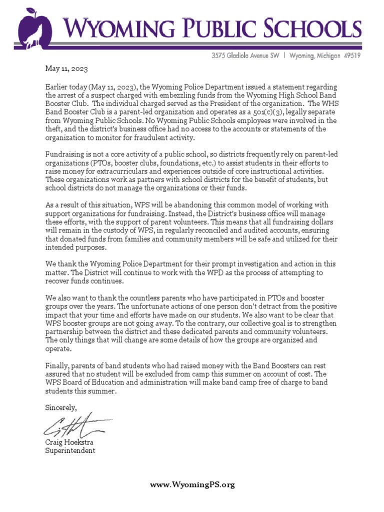 WPS Superintendent Craig Hoekstra Statement | PDF | Fundraising