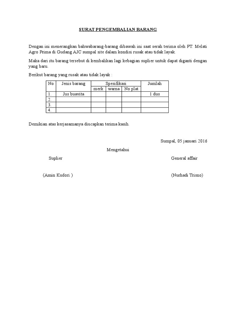 Surat Pengembalian Barang | PDF
