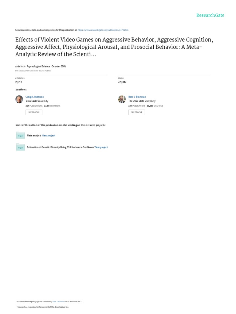 Effects of Violent Video Games On Aggressive Behav | PDF