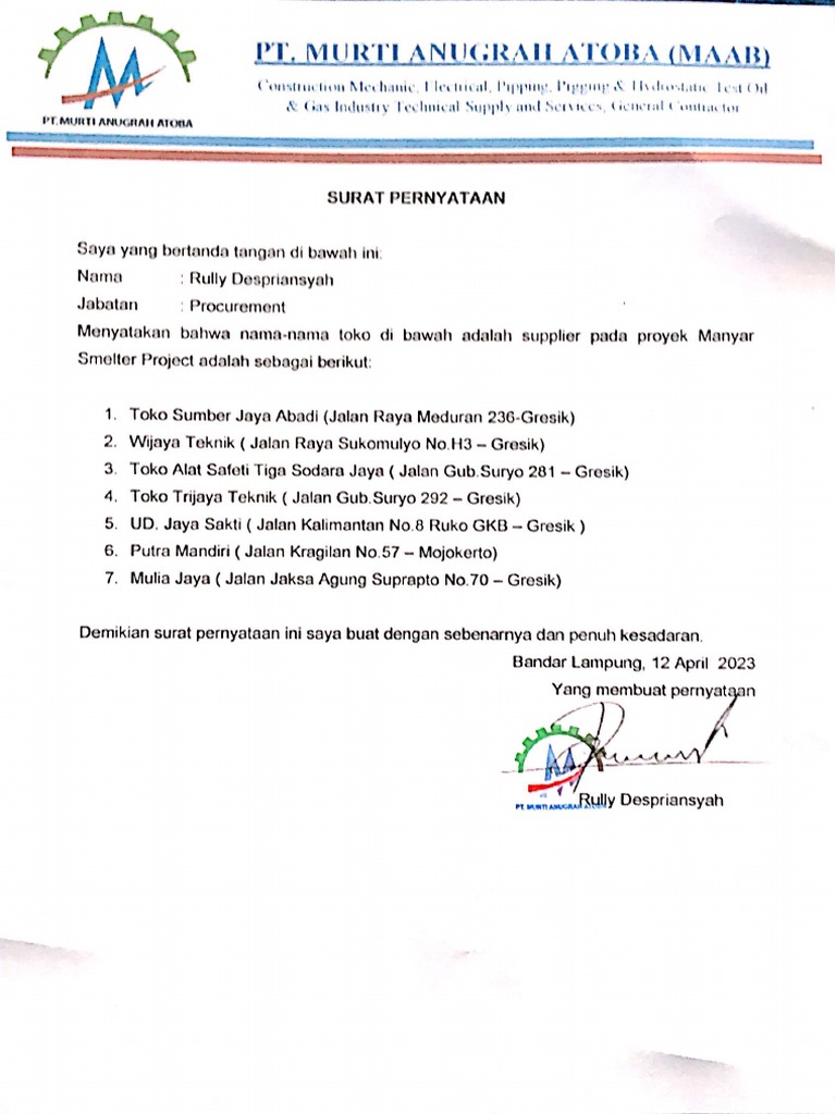 Surat Pernyataan Supplier PDF | PDF