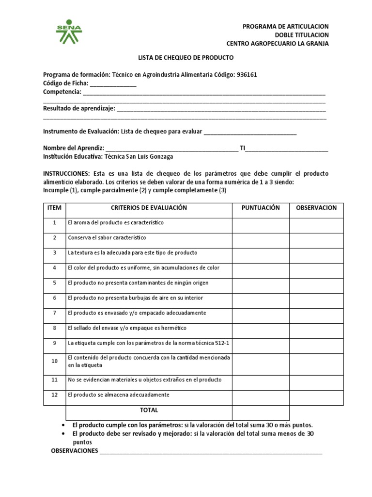 Lista de Chequeo Producto Terminado | PDF | Comida y bebida