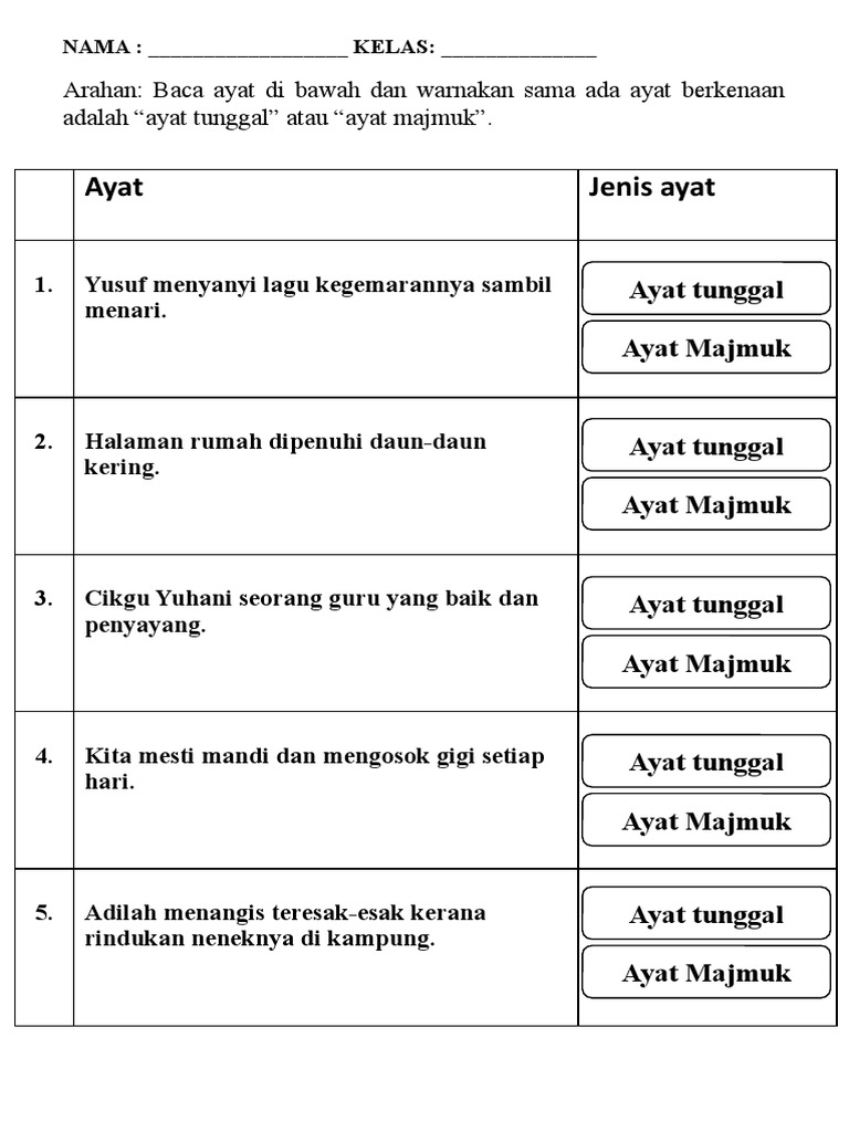 Latihan Ayat Tunggal Dan Ayat Majmuk | PDF