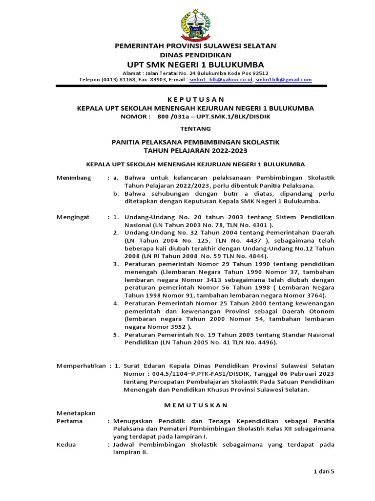 SK Panitia Pelaksana Dan Pemb. Skolastik 2023 | PDF