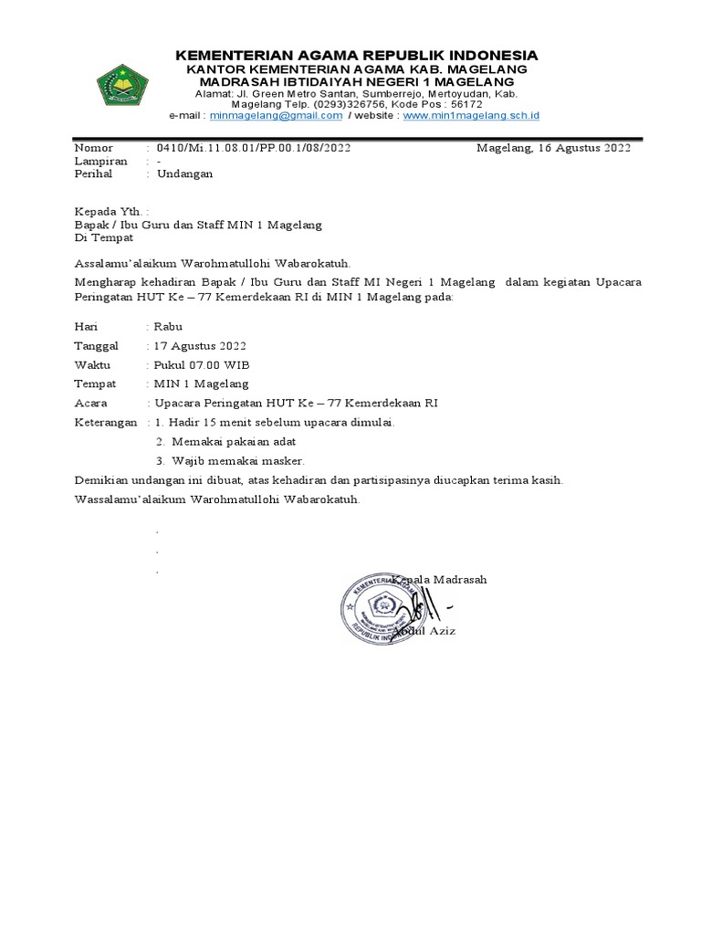 Undangan Upacara HUT RI ke-77 MIN 1 Magelang | PDF